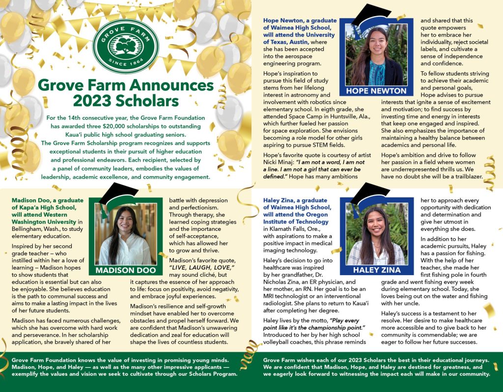 Grove Farm Announces 2023 Scholars - Kauai Family Magazine